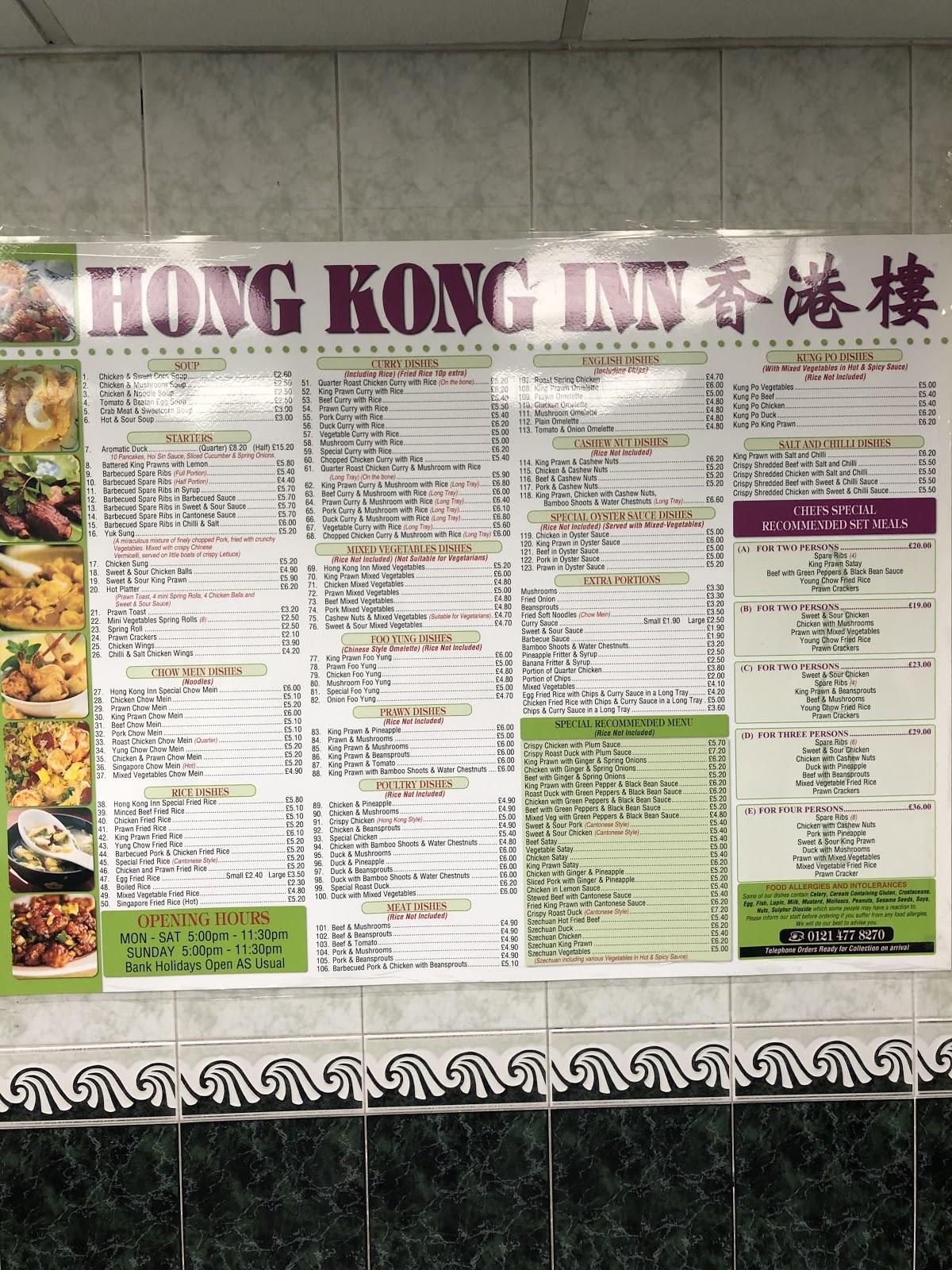 Menu at Hong Kong Inn pub & bar, Birmingham, 102 Redhill Rd