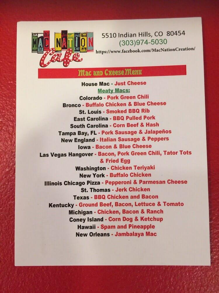 Menu at Mac Nation Cafe, Indian Hills