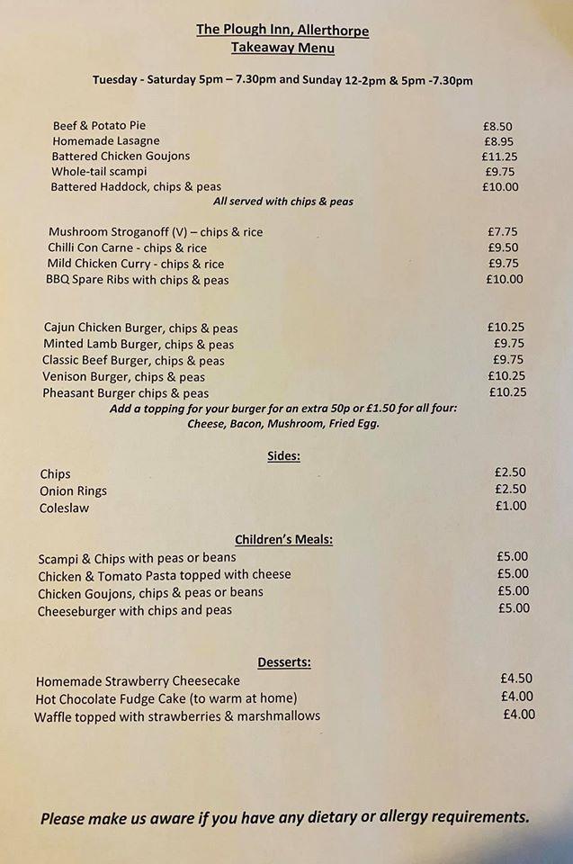 Menu at The Plough Inn pub & bar, Pocklington, Main Street