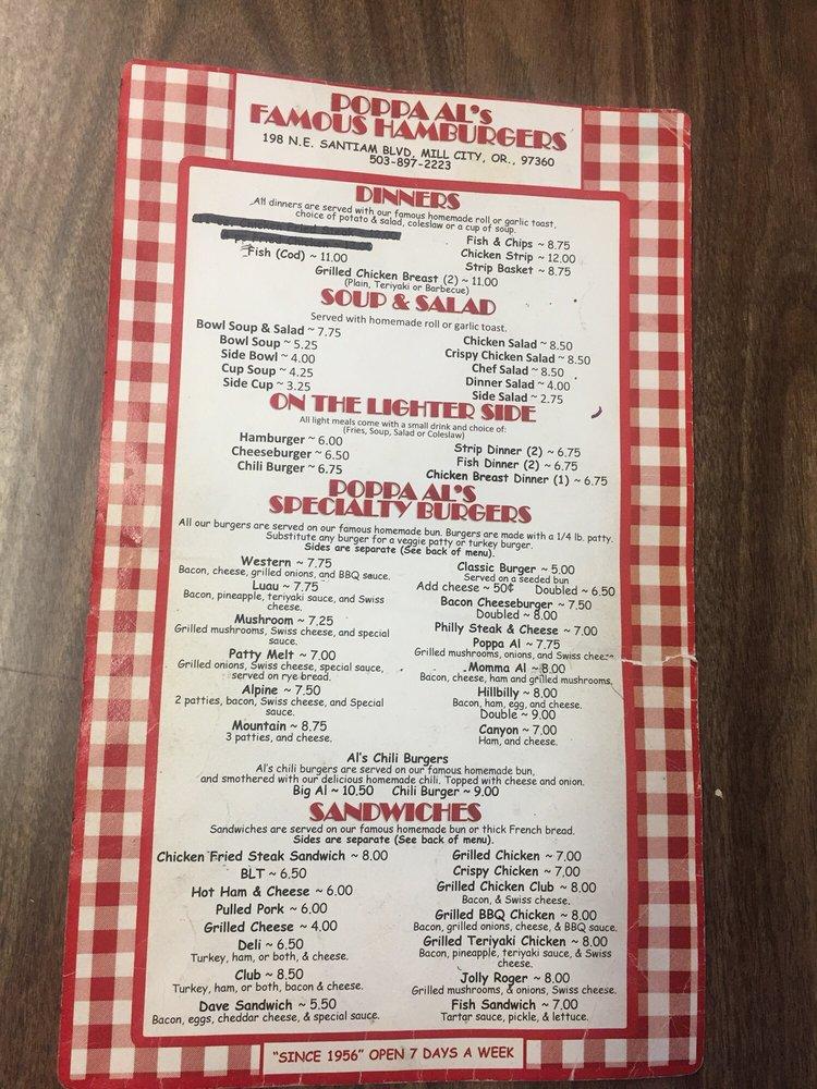 Menu at Poppa Al's Famous Hamburgers restaurant, Mill City