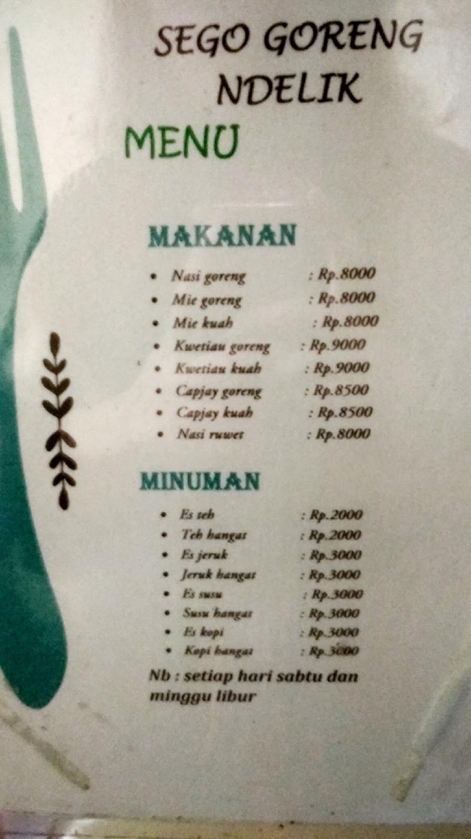 Menu at Sego Goreng Ndelik restaurant, Semarang