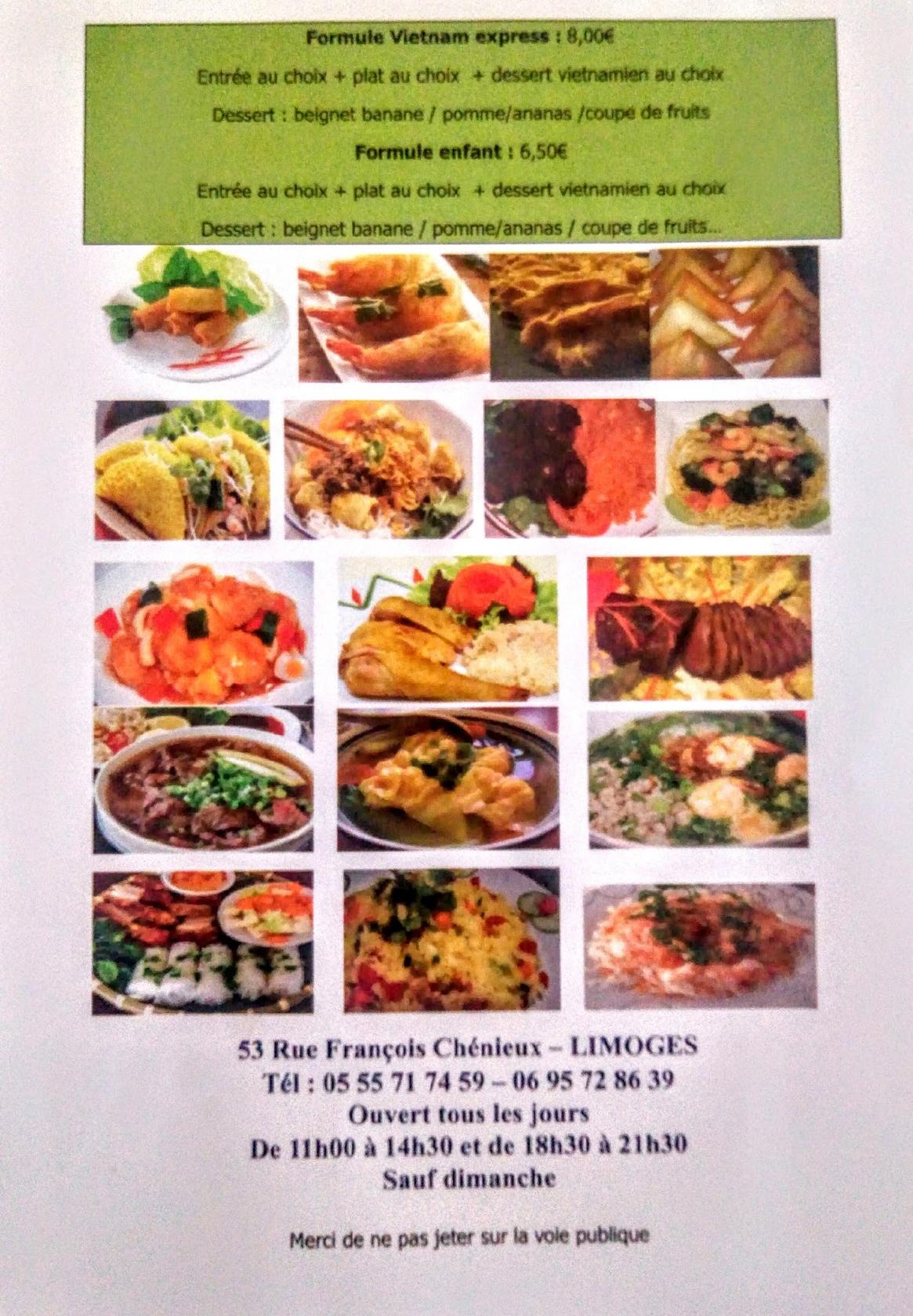 Menu au Vietnam Express restaurant, Limoges