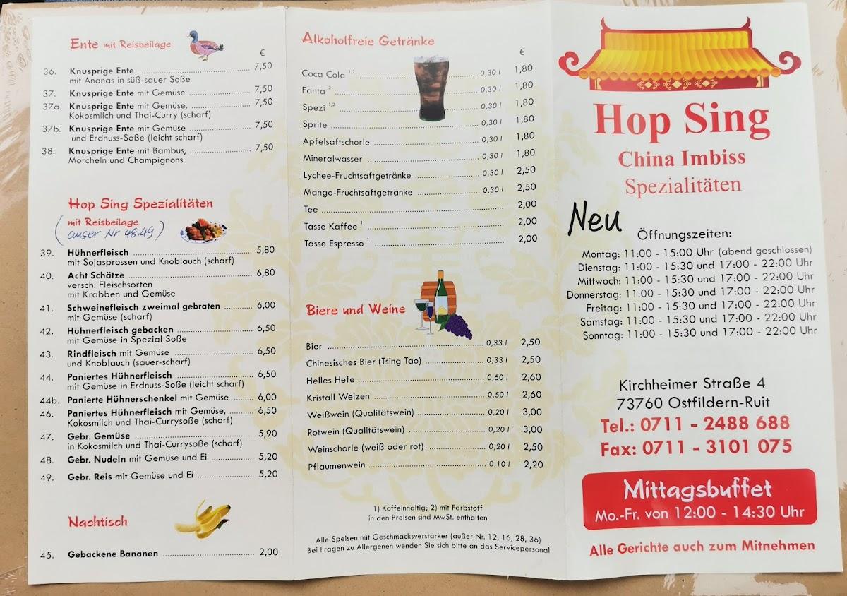 Speisekarte von Hop-Sing China-Imbiss fast Food, Ostfildern