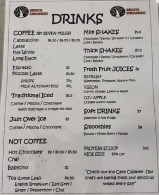 Menu at Mock Orange Cafe @ Lake Albert, Lake Albert