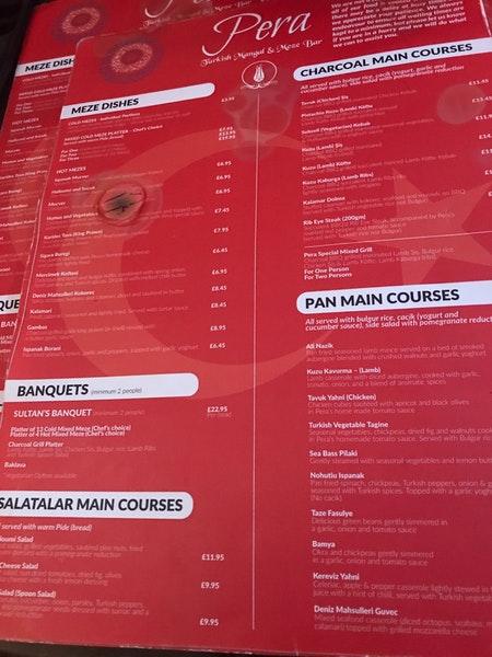 Menu at Pera restaurant, Edinburgh