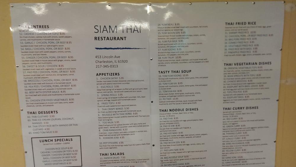 Menu at Siam Thai restaurant, Charleston
