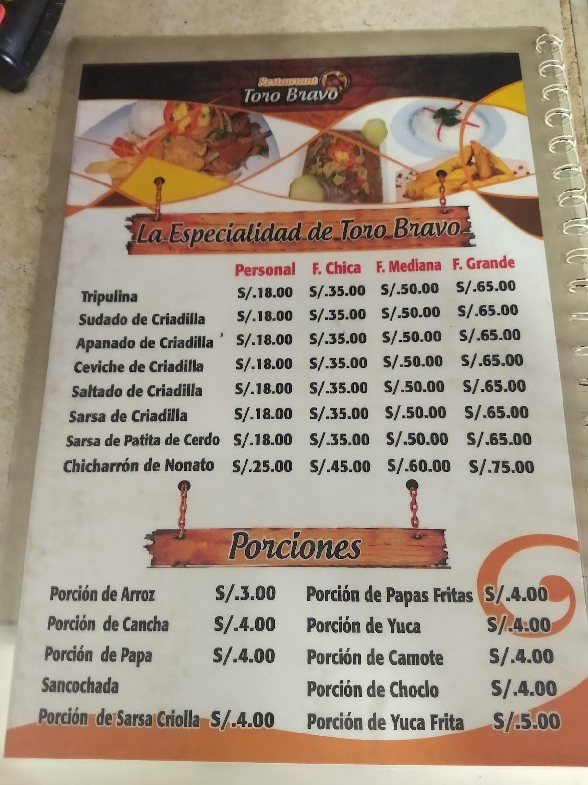 Menu at TORO BRAVO restaurant, San Luis District, Manuel Echeandia 174