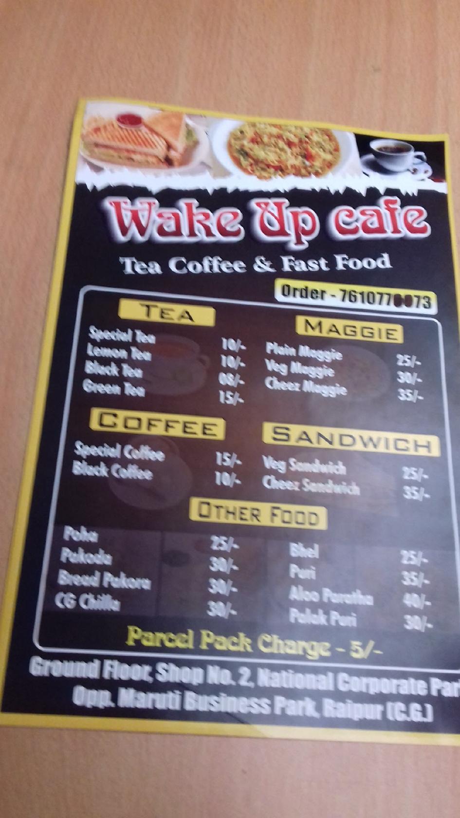 Menu at Wake Up Cafe, Raipur