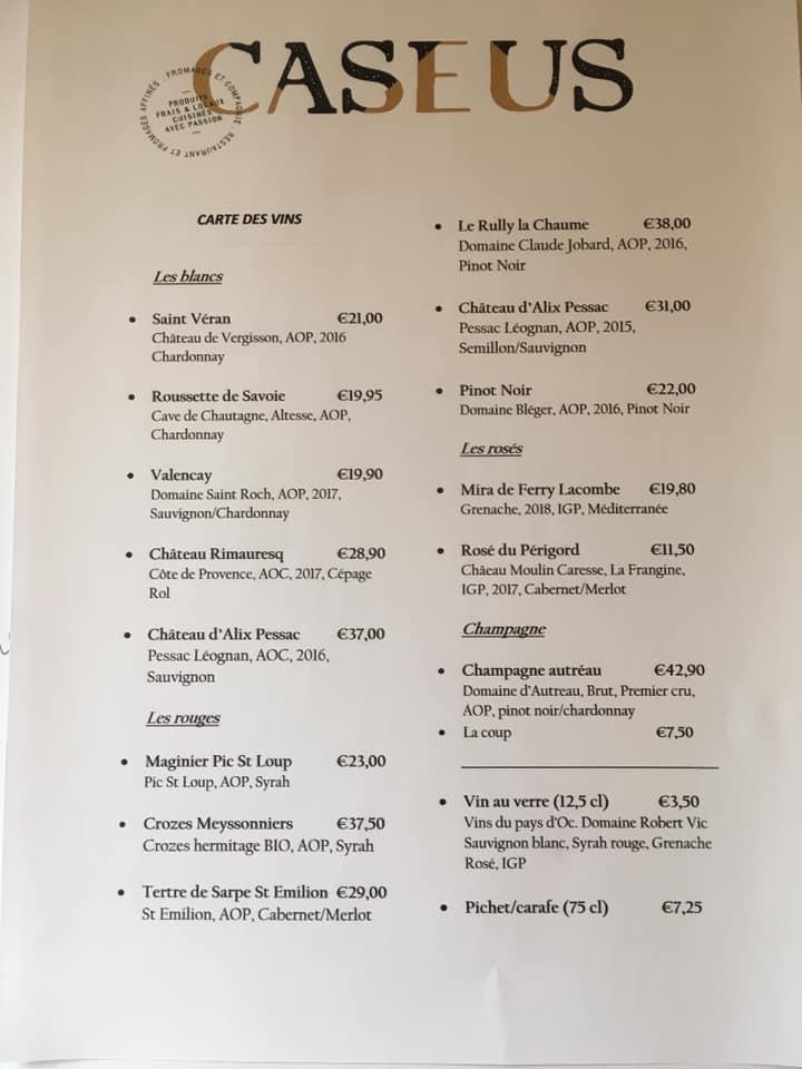 Menu at Caseus restaurant, Limoges