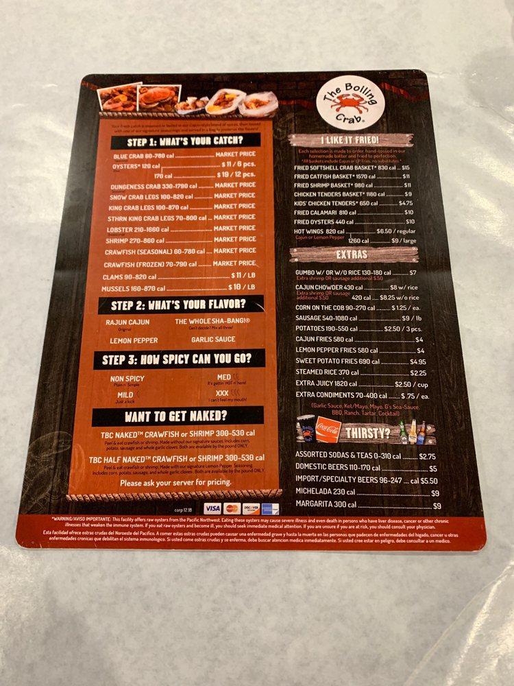Menu at The Boiling Crab restaurant, Las Vegas, S Decatur Blvd