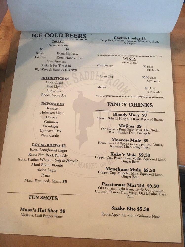 Menu at The Saddle Room pub & bar, Waimea, Kaumualii Hwy