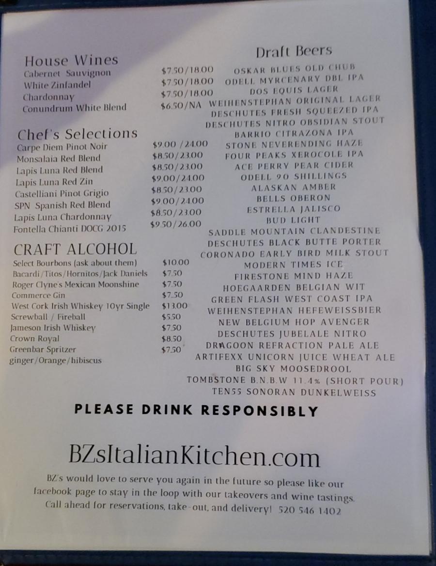 Menu at BZ's Bistro pub & bar, Tucson, E Wrightstown Rd