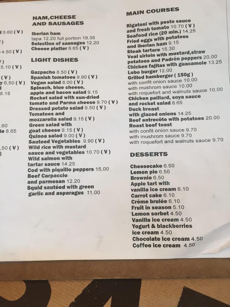 Menu at Bar Lobo, Barcelona