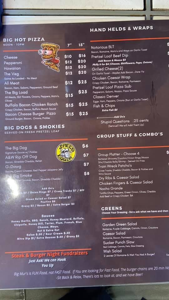 Menu at Big Mur's Tavern pub & bar, Dundurn