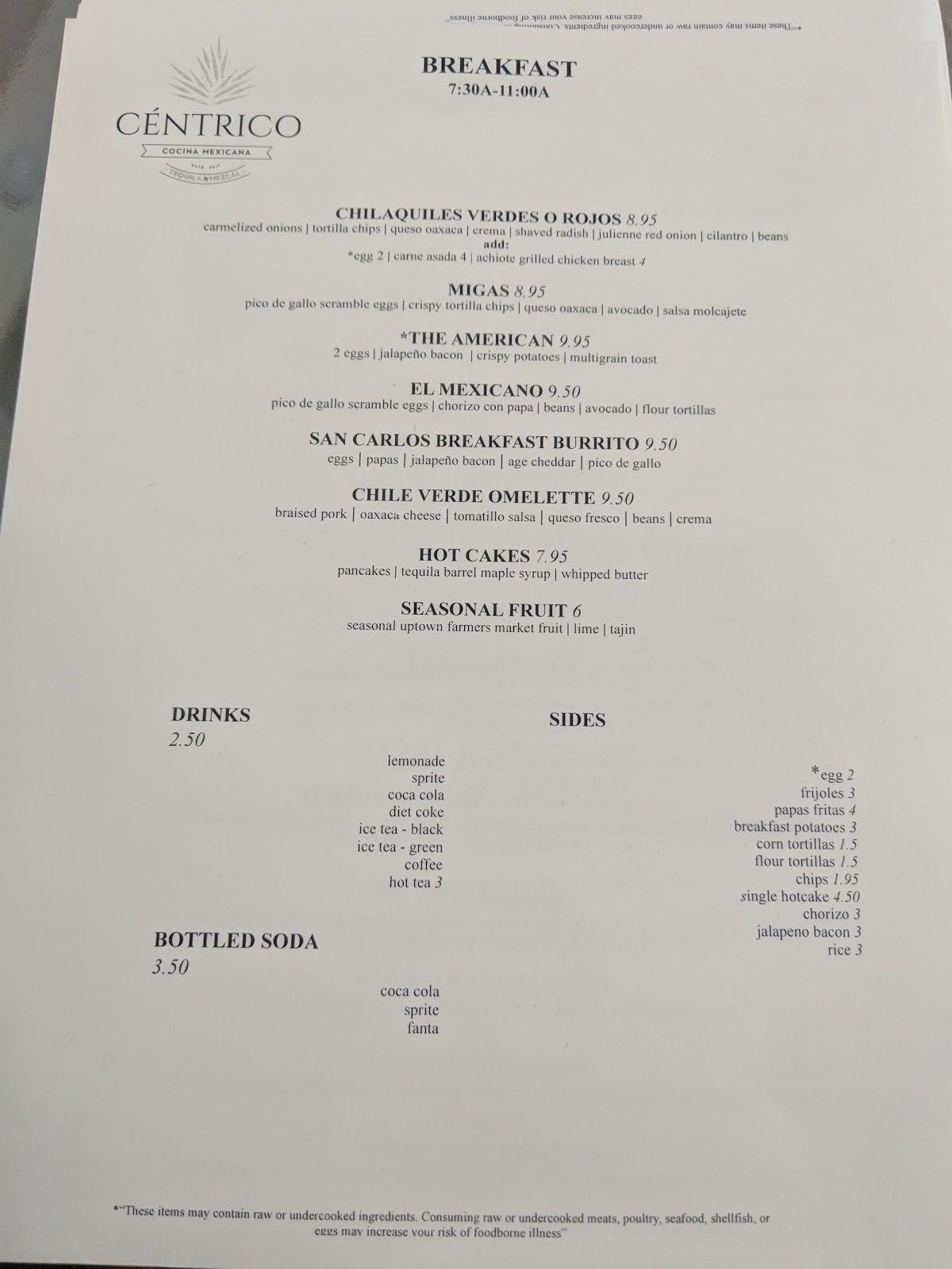 Menu at Centrico pub & bar, Phoenix