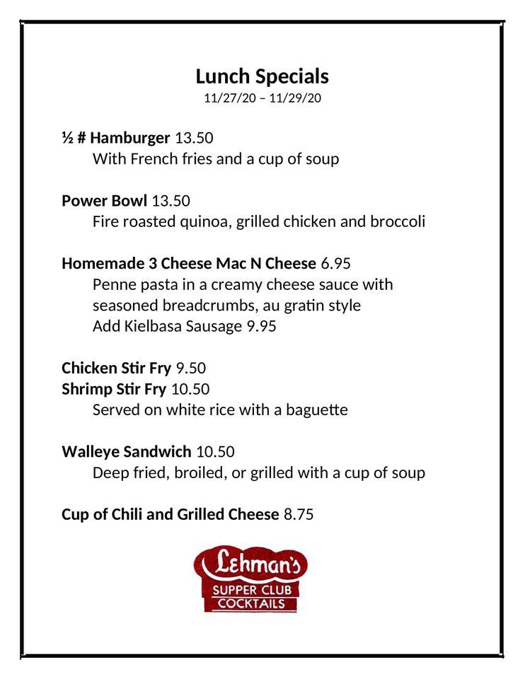 Menu at Lehman's Supper Club, Rice Lake