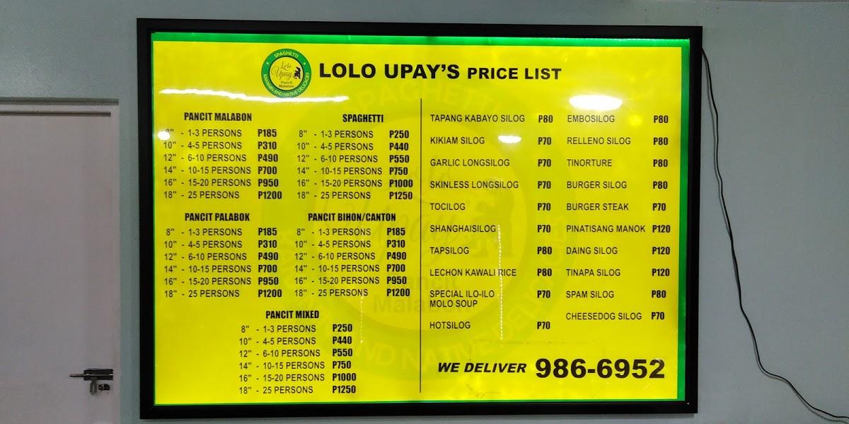 Menu at Lolo Upay's Pancit Malabon restaurant, Caloocan