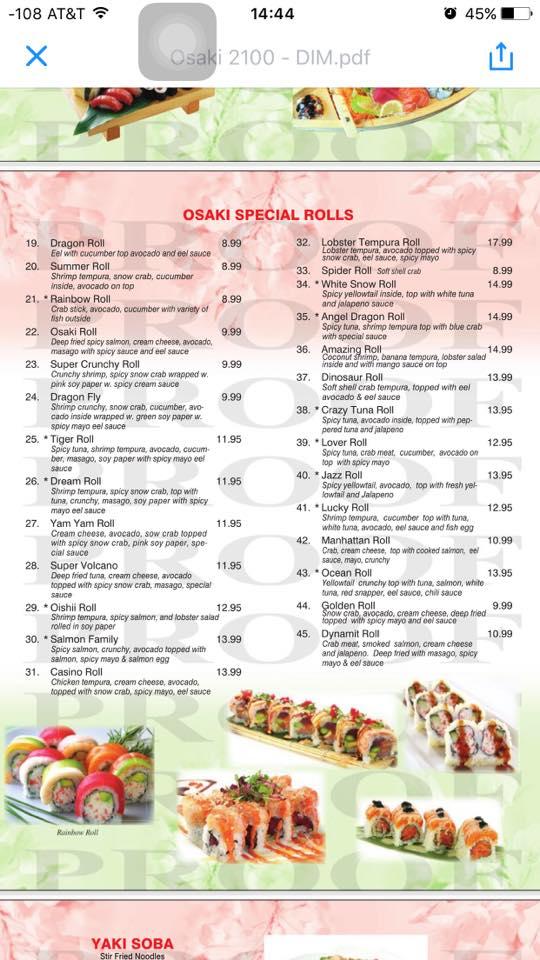 Menu at Osaki Hibachi Sushi restaurant, Dodge City
