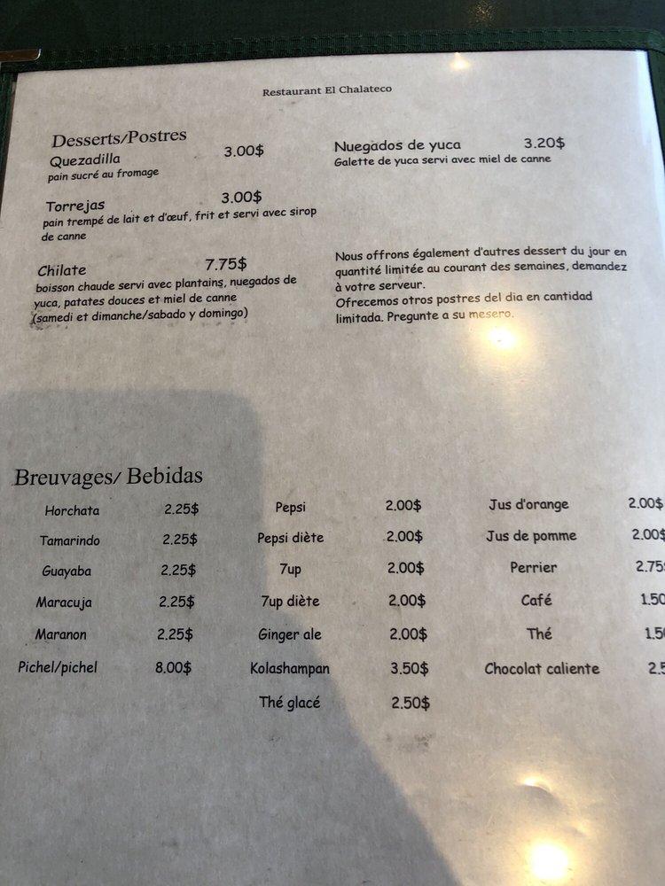 Menu at Restaurant El Chalateco, Montréal
