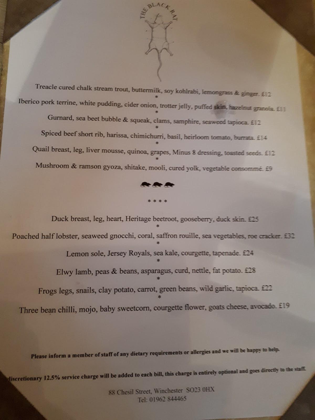 Menu at The Black Rat Restaurant, Winchester