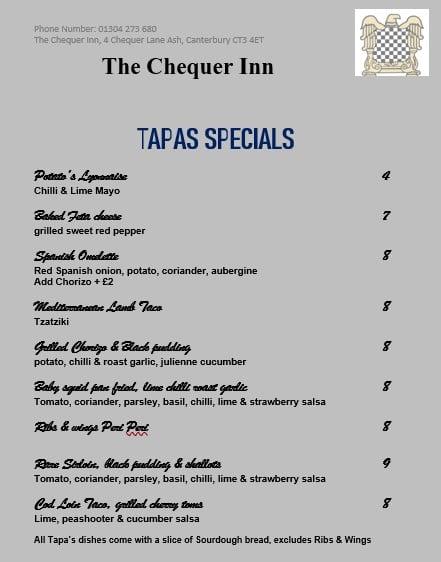 Menu at The Chequer Inn - Ash pub & bar, Wingham