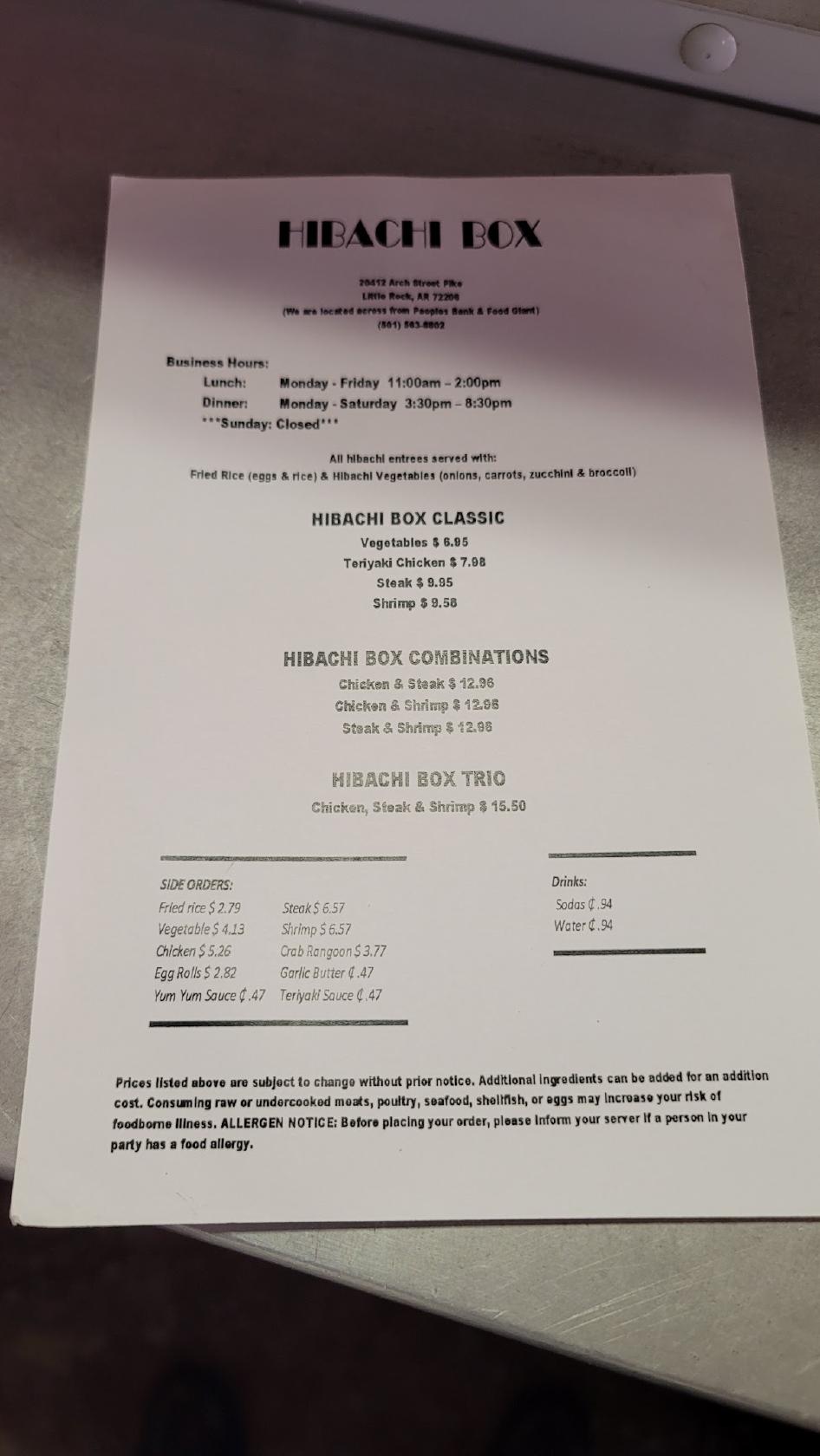 Menu at Hibachi Box restaurant, East End
