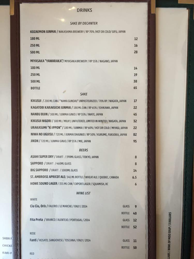 Menu at Imanishi Japanese Kitchen restaurant, Toronto