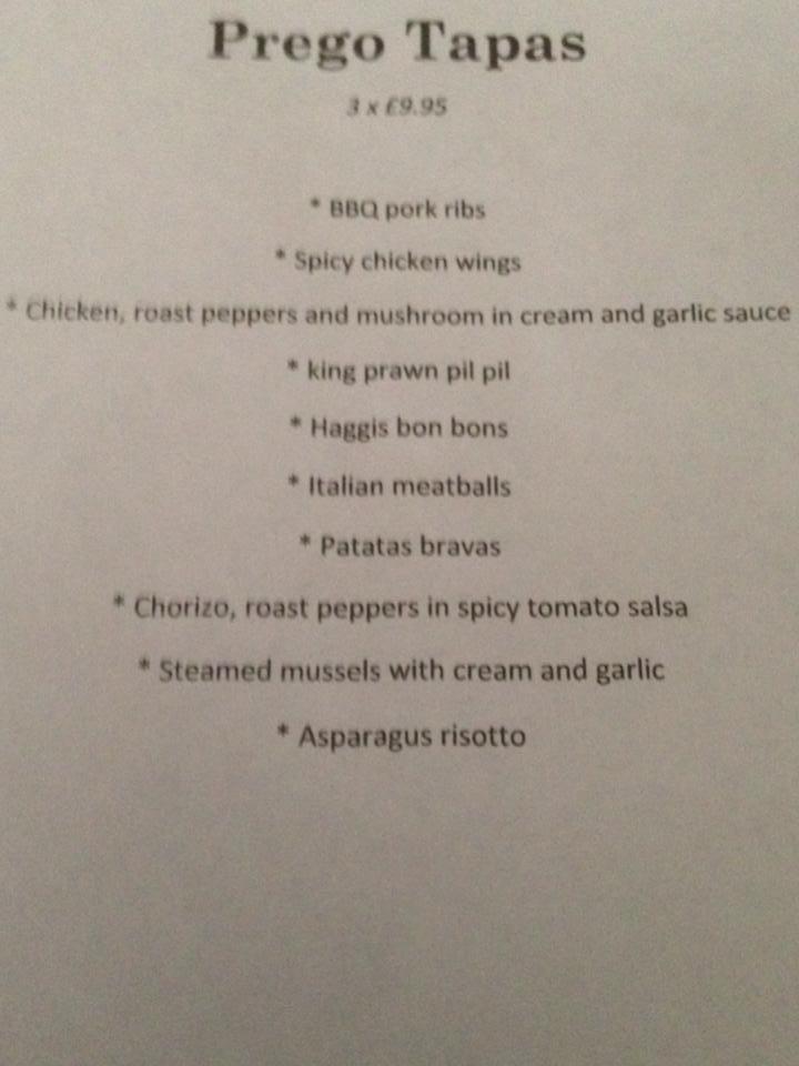 Menu at Prego restaurant, Lanark