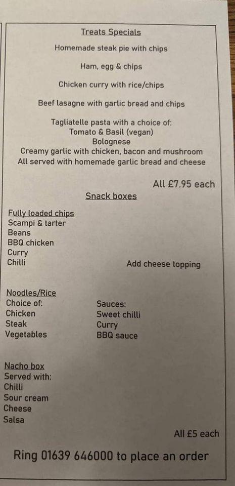 Menu at Treats cafe, Neath