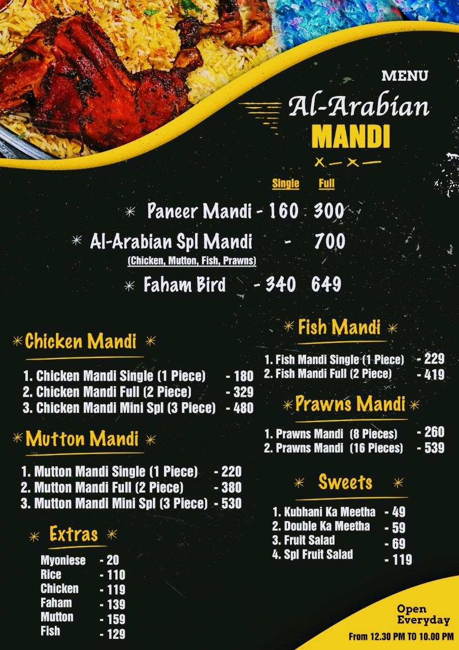 Menu at AL- ARABIAN MANDI (hunt the flavours), Hyderabad
