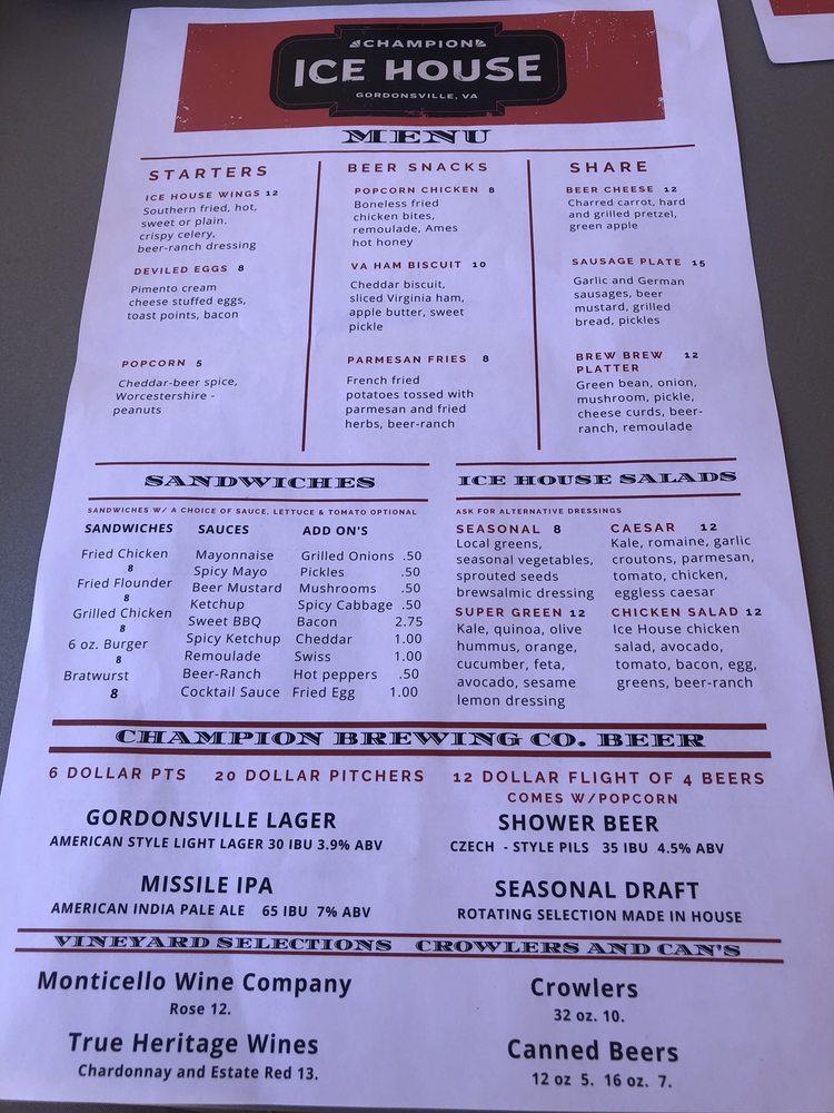 Menu at Gordonsville Ice House restaurant, Gordonsville