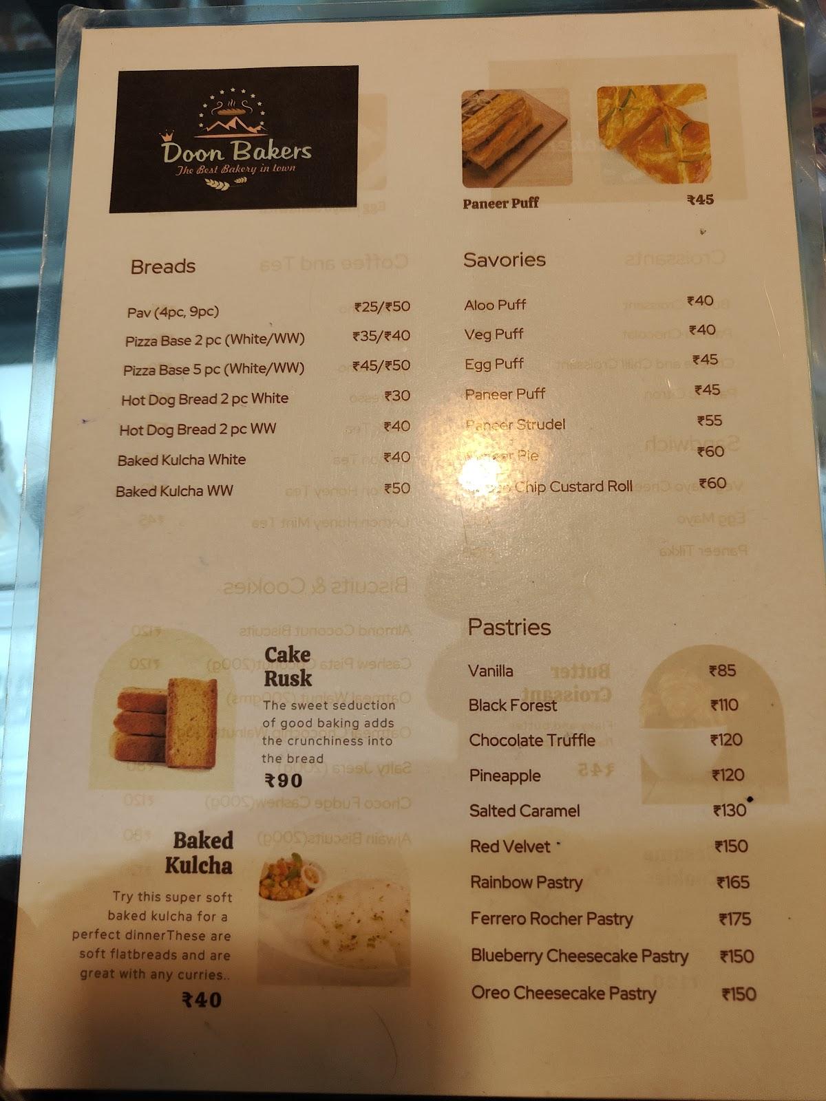 Menu at Doon Bakers, Chennai