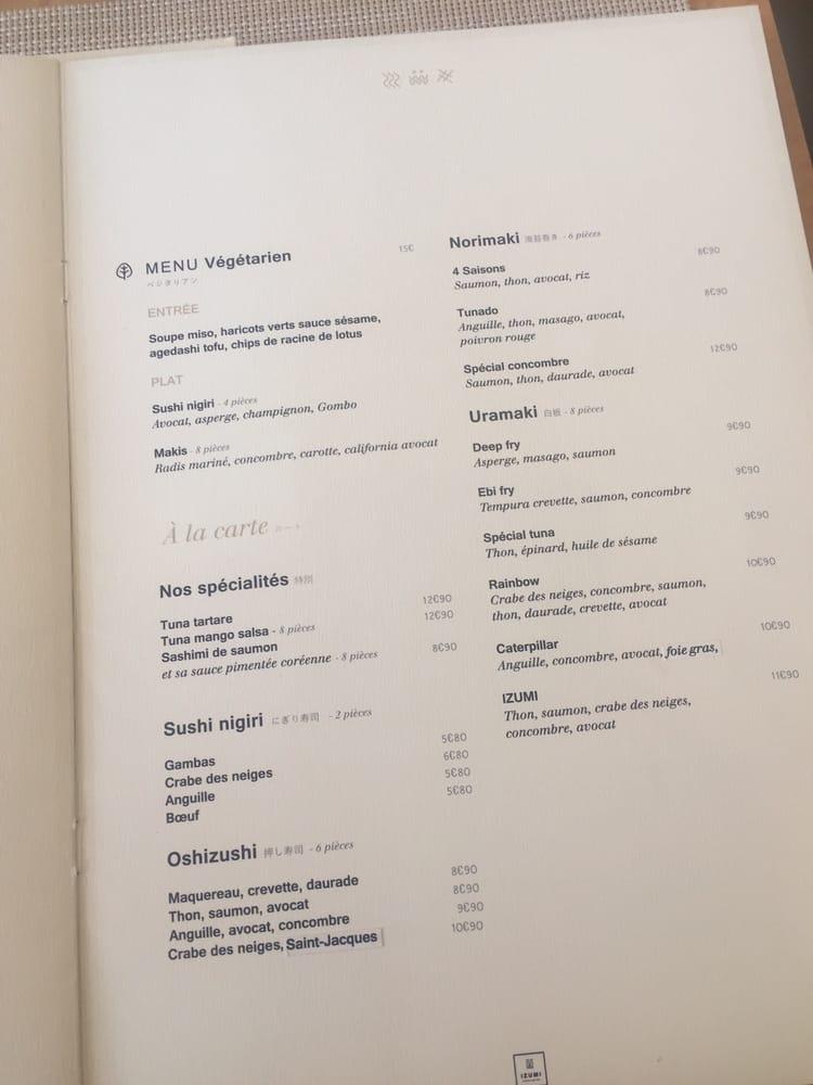 Menu au Izumi restaurant, Lille