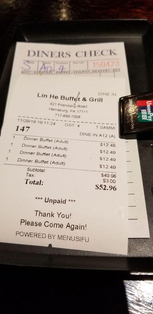 Menu at Lin He Buffet restaurant, Harrisburg