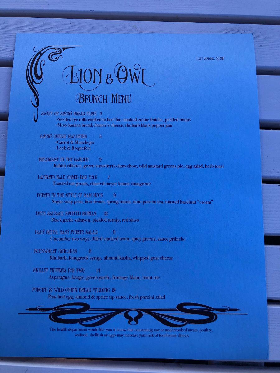 Menu at Lion and Owl pub & bar, Eugene