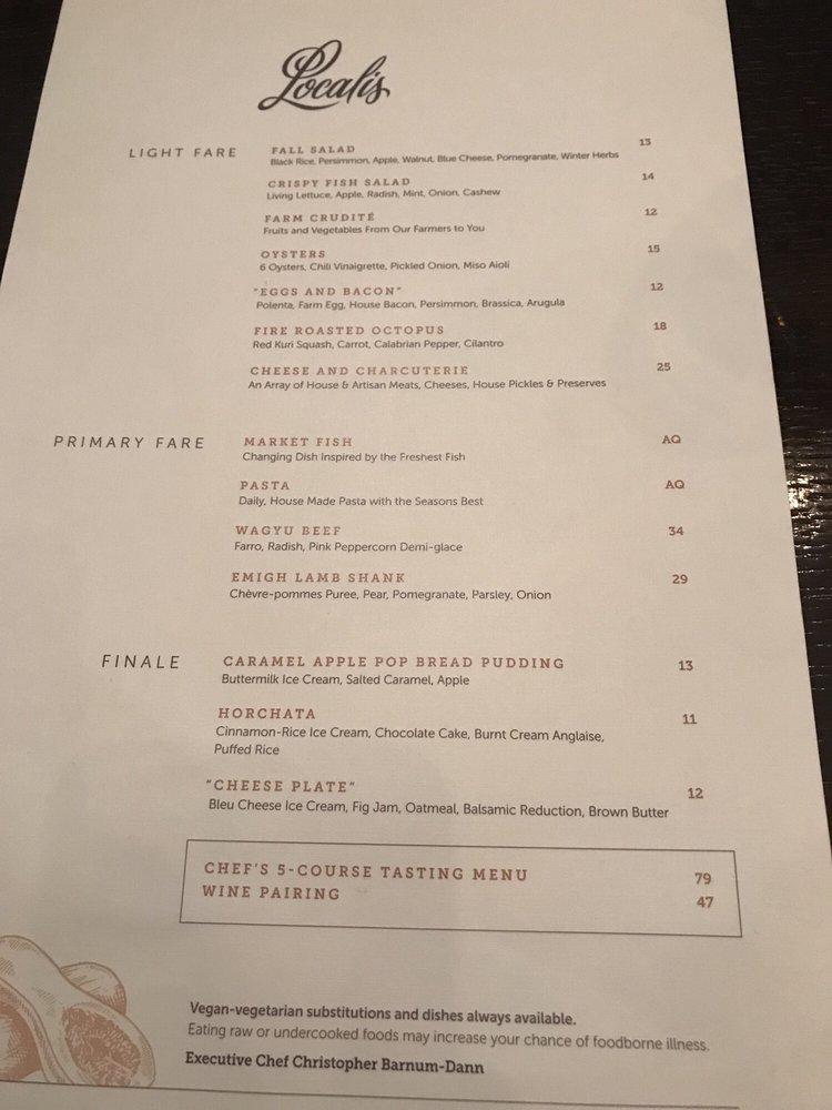 Menu at Localis restaurant, Sacramento