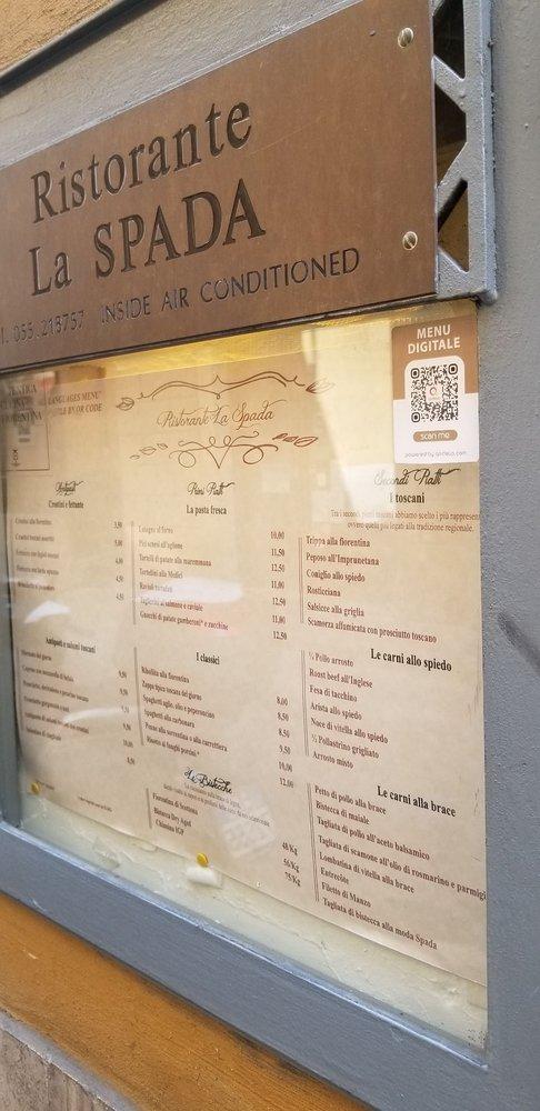 Menu at Ristorante La Spada, Florence, Via della Spada