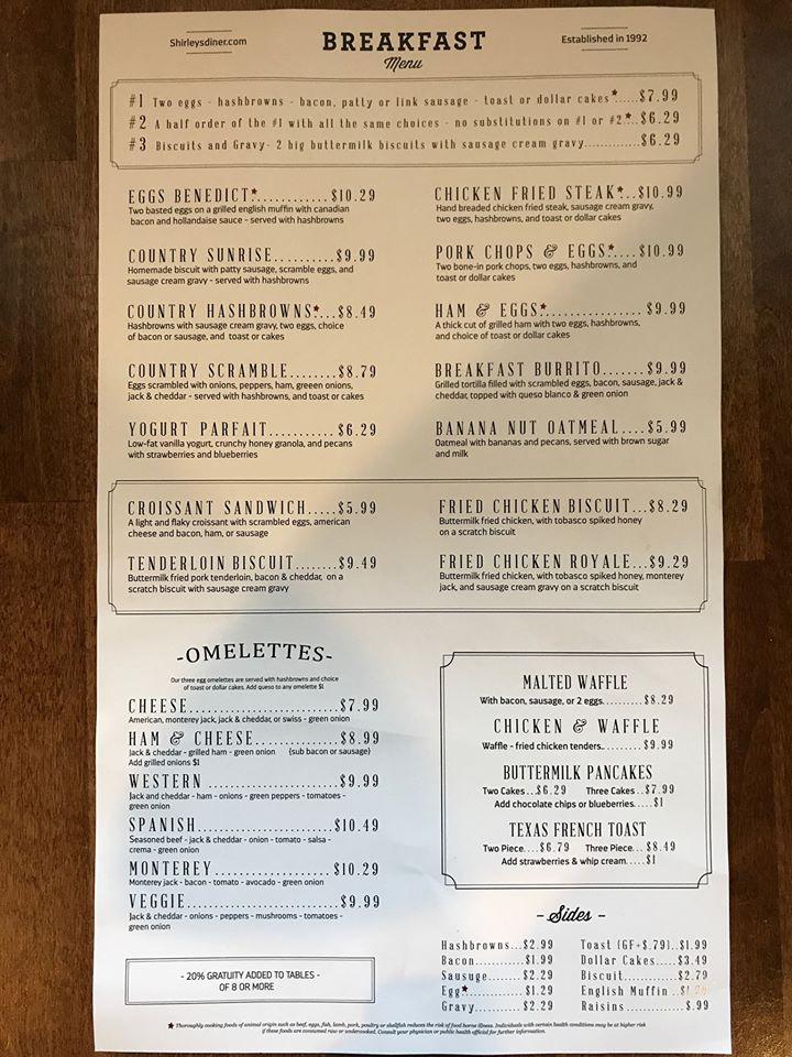 Menu at Shirley's Diner restaurant, Omaha