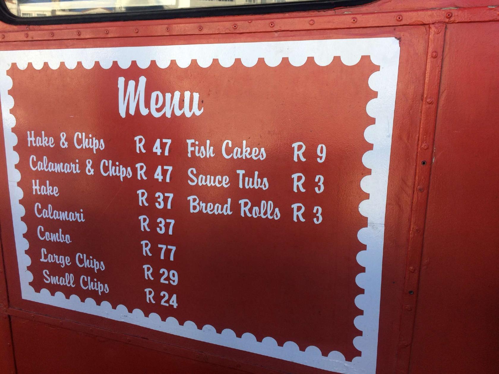 Speisekarte von london bus fish and chips company restaurant, Mossel Bay