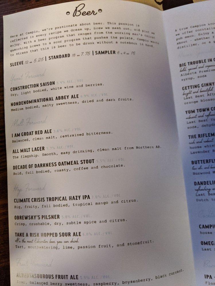 Menu at Campio Brewing Co. restaurant, Edmonton