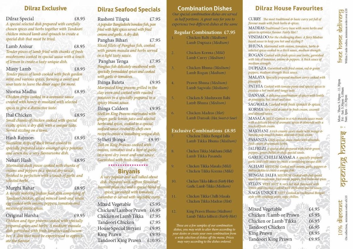Menu at Dilraz restaurant, Bridgnorth