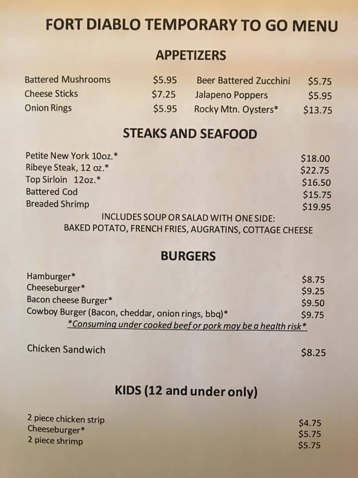 Menu at Frank's Fort Diablo steakhouse, Glenrock, US-87