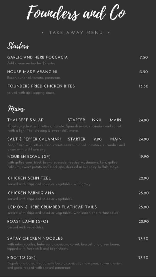Menu at Founders & Co restaurant, Lara