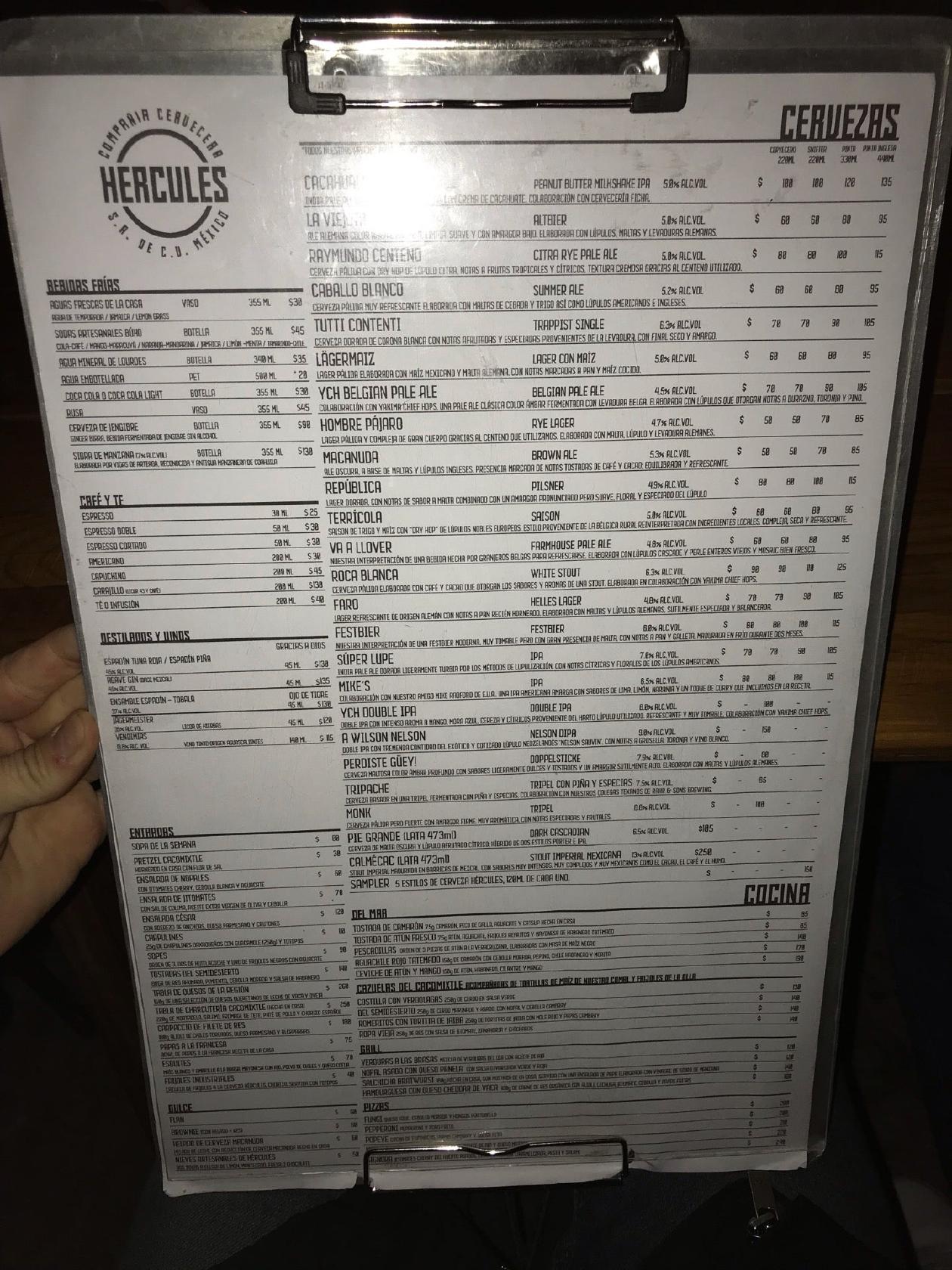 Carta del pub y bar Jardín del Cerveza Hércules, Santiago del Querétaro