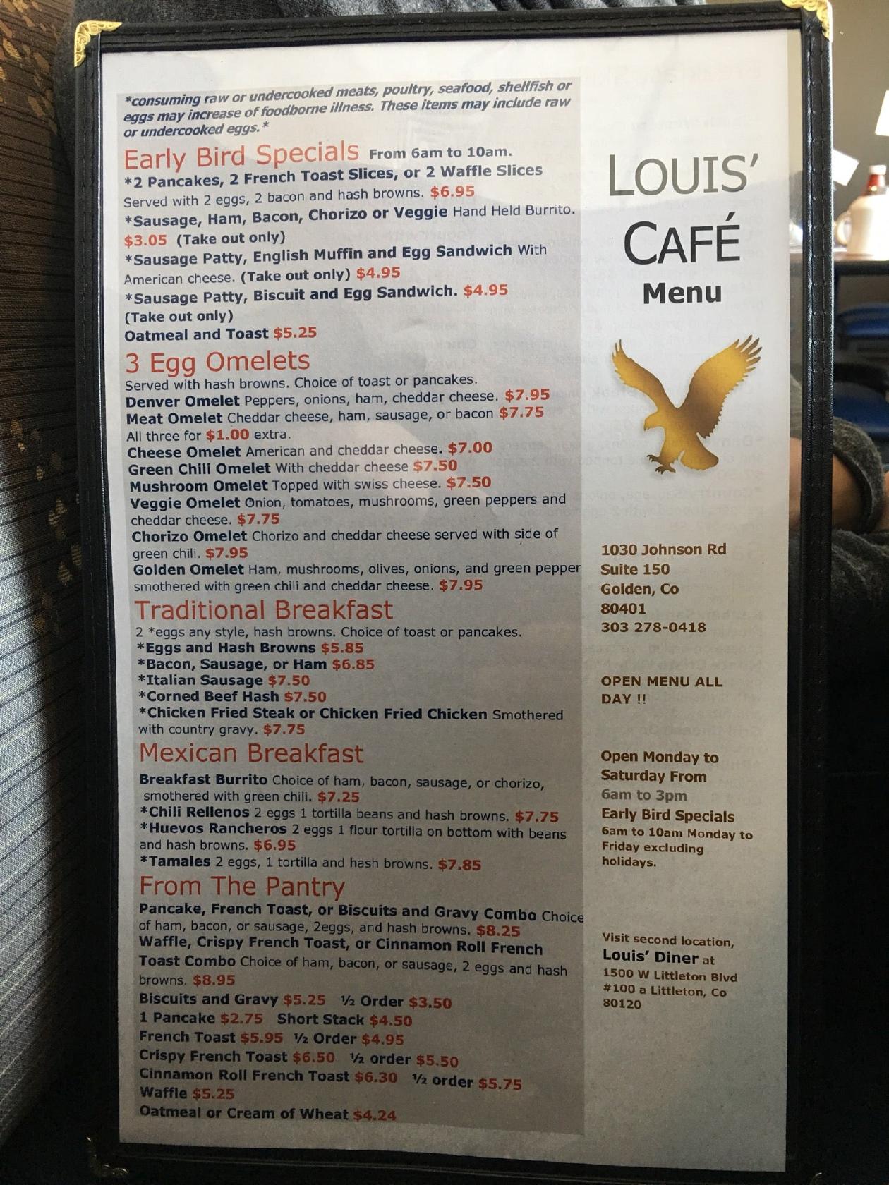 Menu at Louis' Cafe, Golden