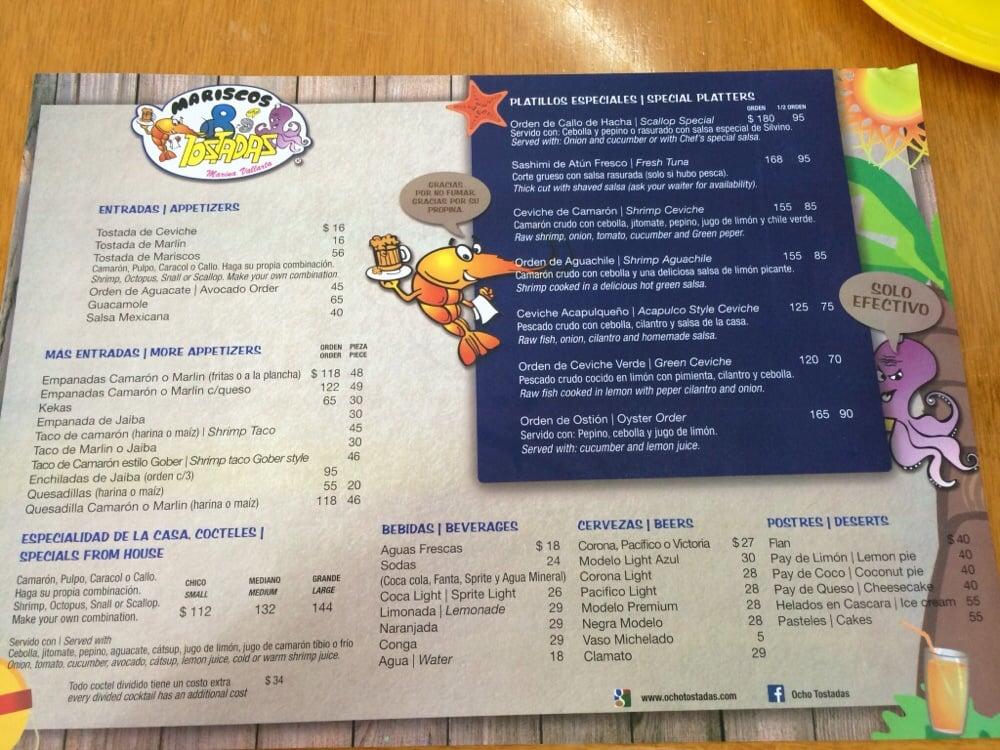 Menu at Mariscos 8 Tostadas restaurant, Puerto Vallarta, Quilla s/n ...