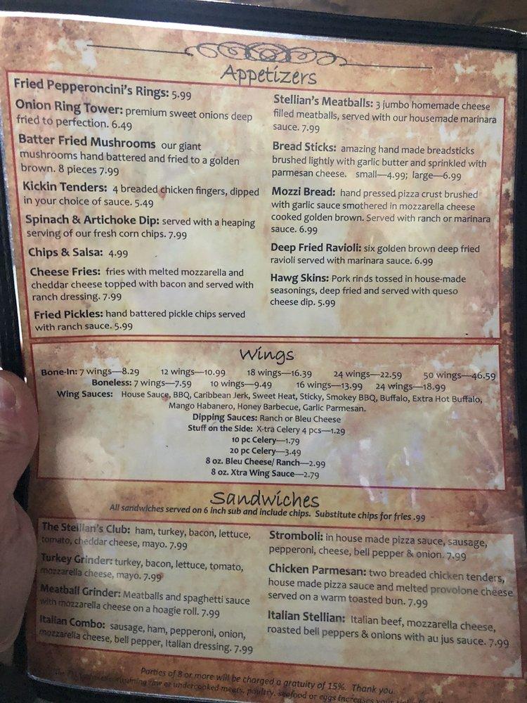 Menu at Stellian's restaurant, Central City