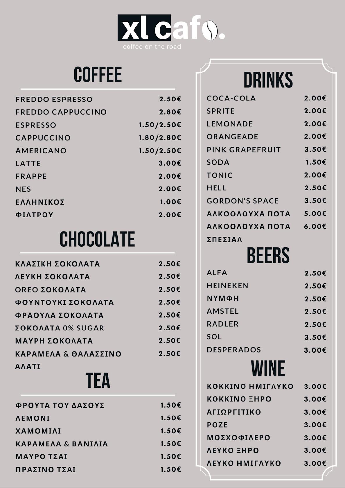 Carta de XL Cafe Bar, Paleochora