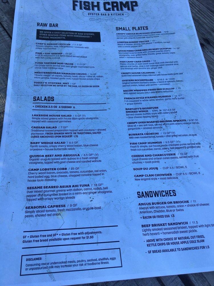 Menu at Bartlett's Fish Camp, Michigan City