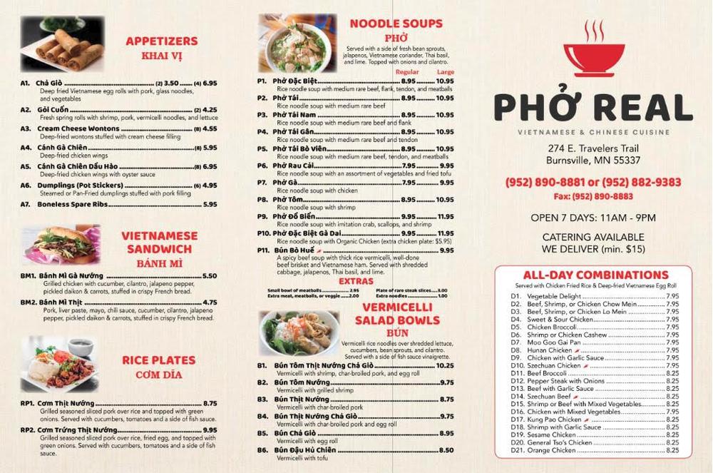 Menu at Pho Real restaurant, Burnsville